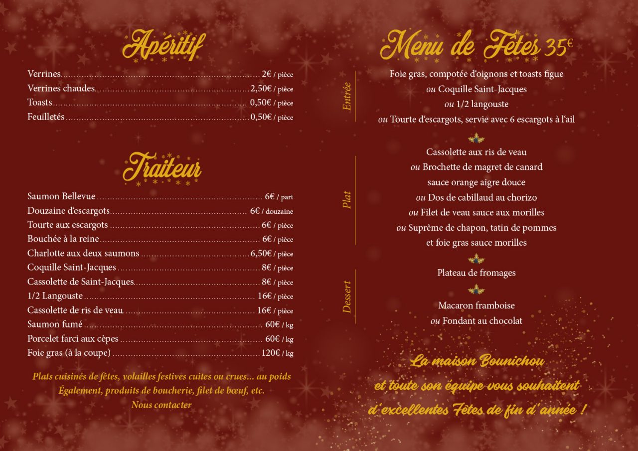 Menu de fêtes | SARL Bounichou Sylvain | Traiteur en Dordogne Périgord 24